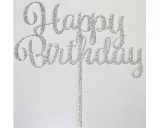 Shop GoBake Glitter Silver Happy Birthday Topper